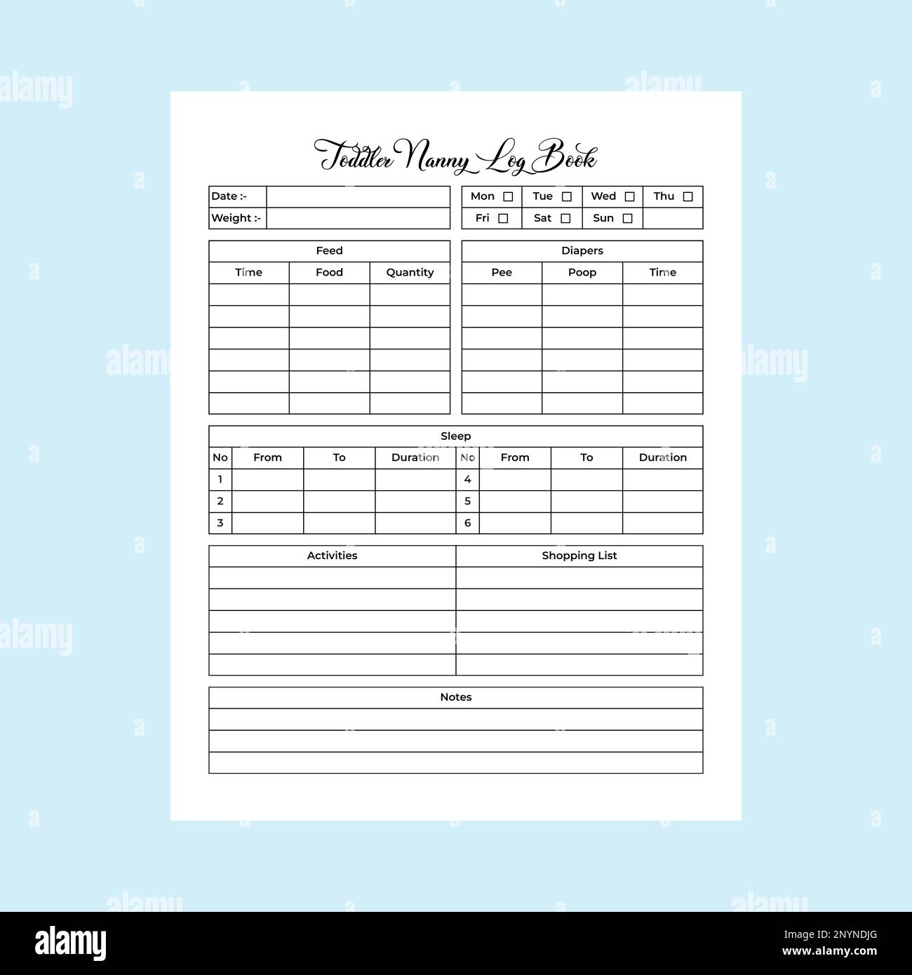 Toddler nanny log book KDP interior. Daily child-caregiver information ...