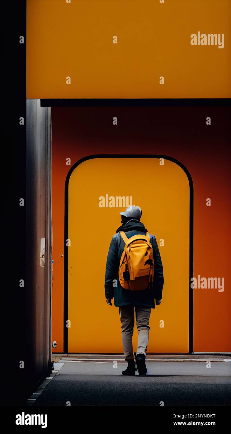 Young traveler back view. Back view of backpacker standing at urban ...