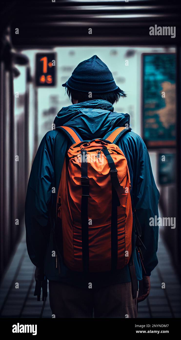 Young traveler back view. Back view of backpacker standing at urban ...