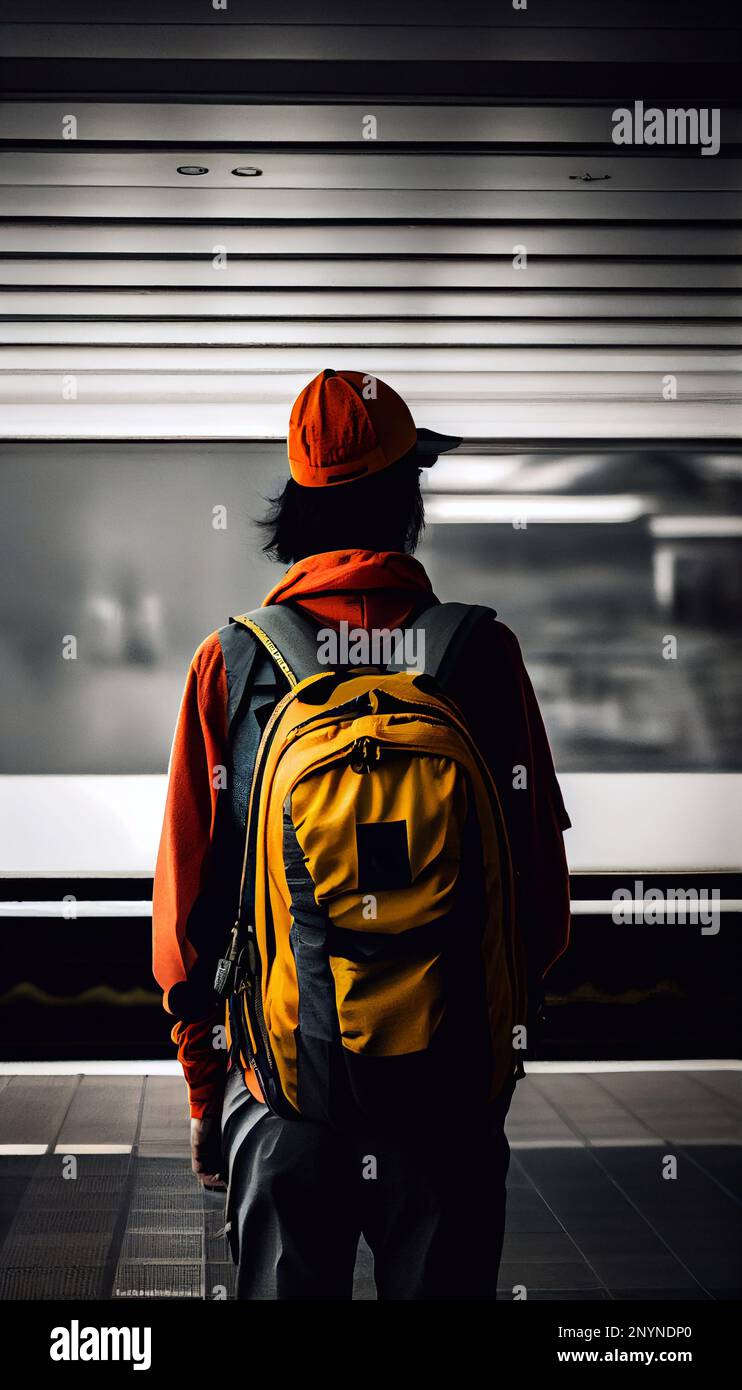 Young traveler back view. Back view of backpacker standing at urban ...