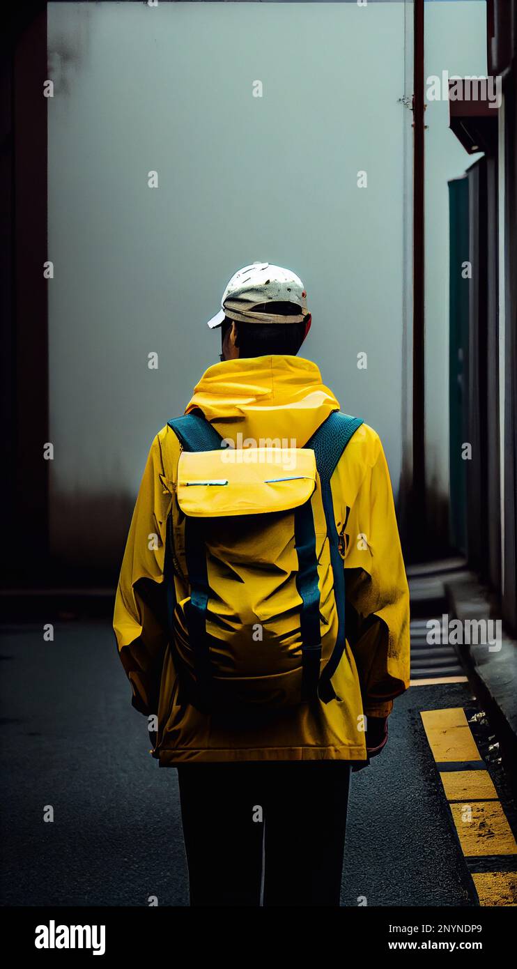 Young traveler back view. Back view of backpacker standing at urban ...