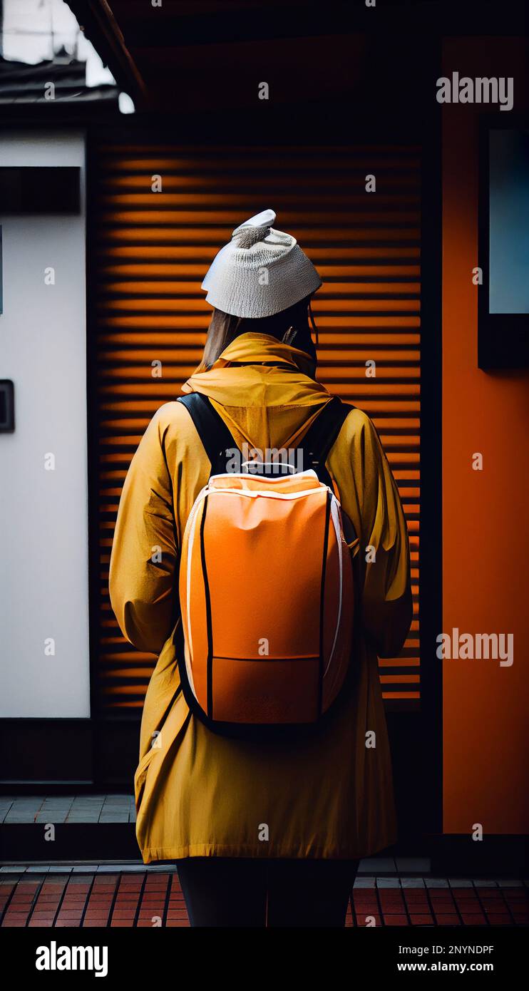 Young traveler back view. Back view of backpacker standing at urban ...