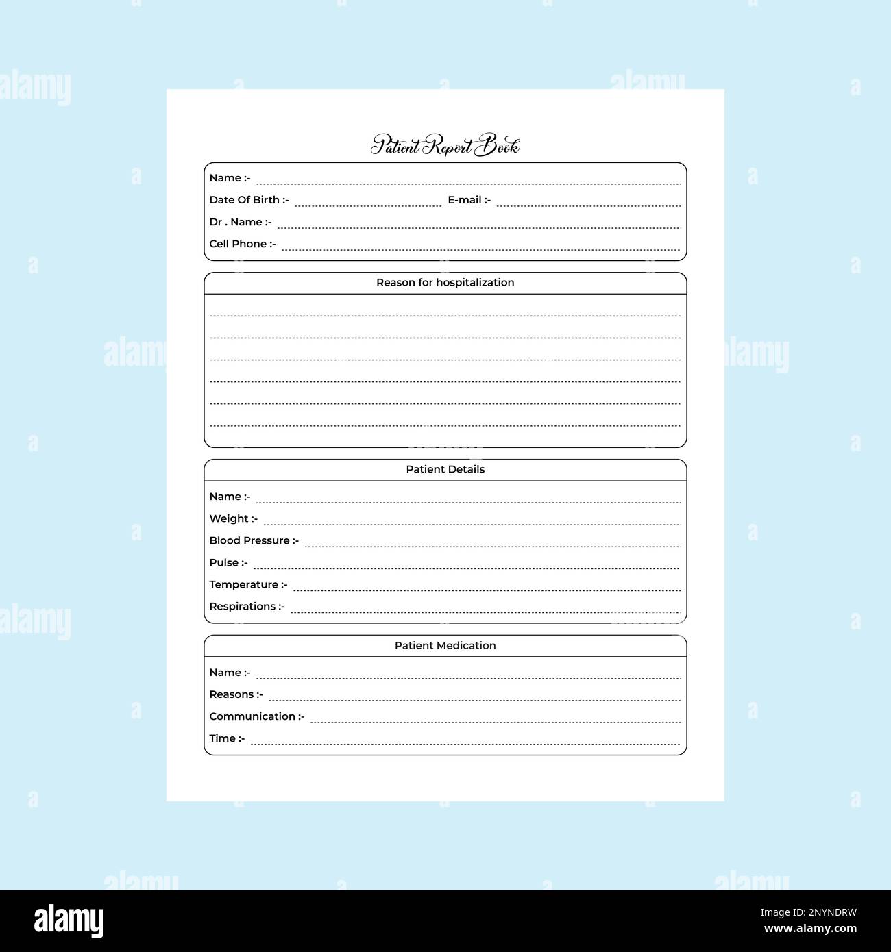 KDP interior nurse report logbook. Patient daily health report tracker ...