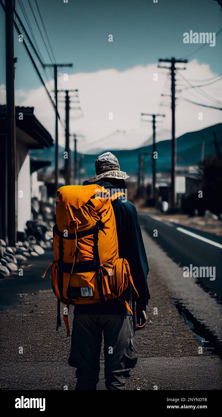 Young traveler back view. Back view of backpacker standing at urban ...