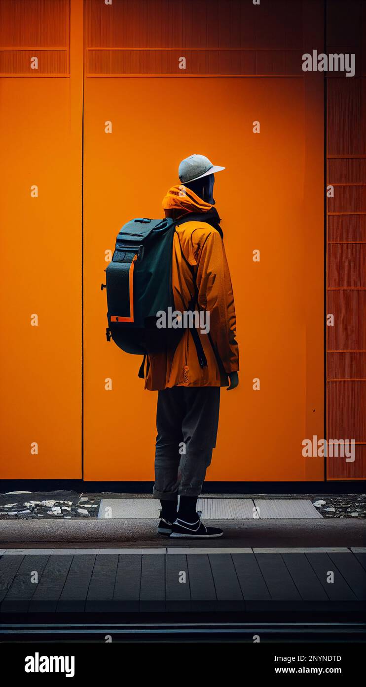 Young traveler back view. Back view of backpacker standing at urban ...