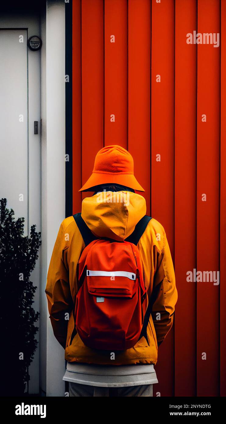 Young traveler back view. Back view of backpacker standing at urban ...