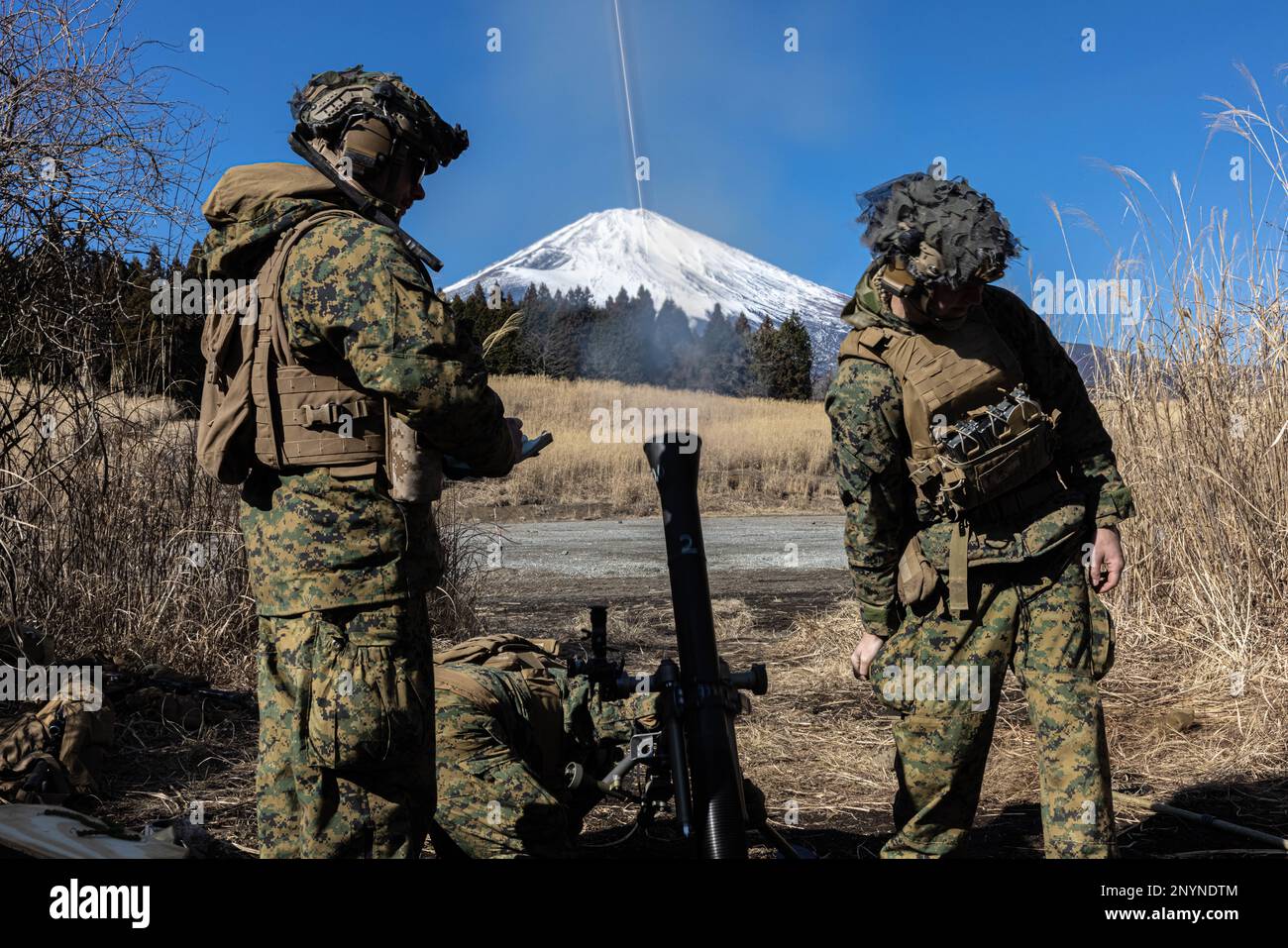 U.S. Marines with 3d Battalion, 4th Marines, fire an M252 81mm mortar ...