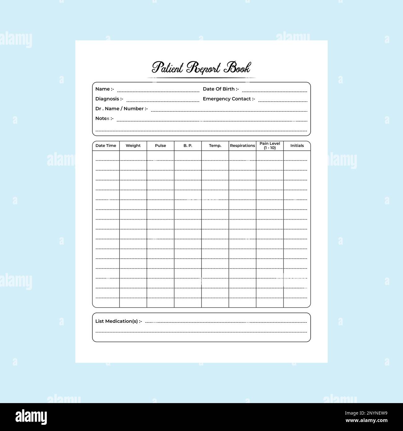 Nurse patient report KDP interior notebook. Daily medical information ...