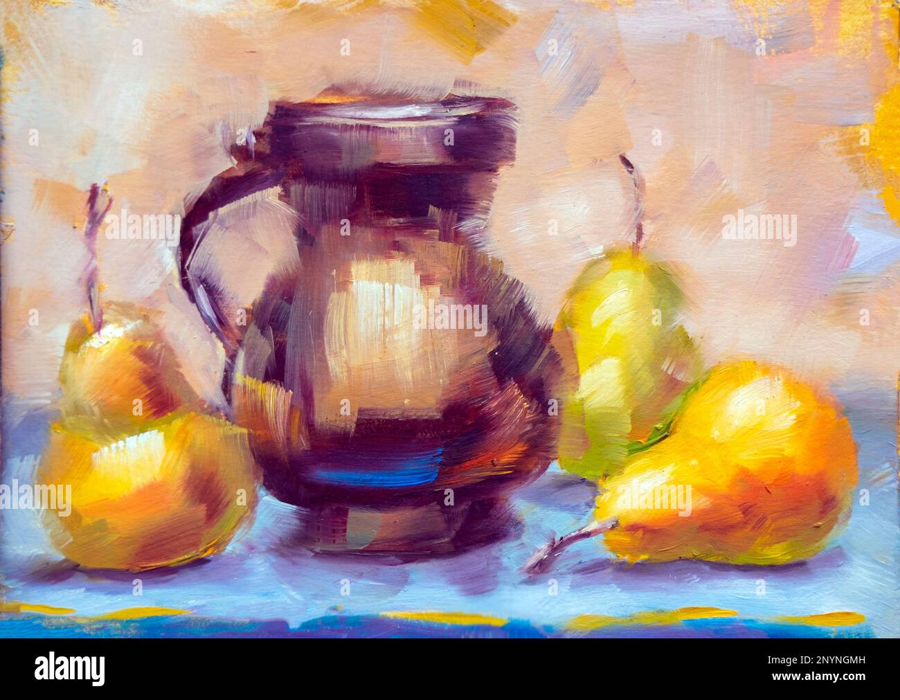 Still life with jug and fruits, a pear, apples. Oil painting ...