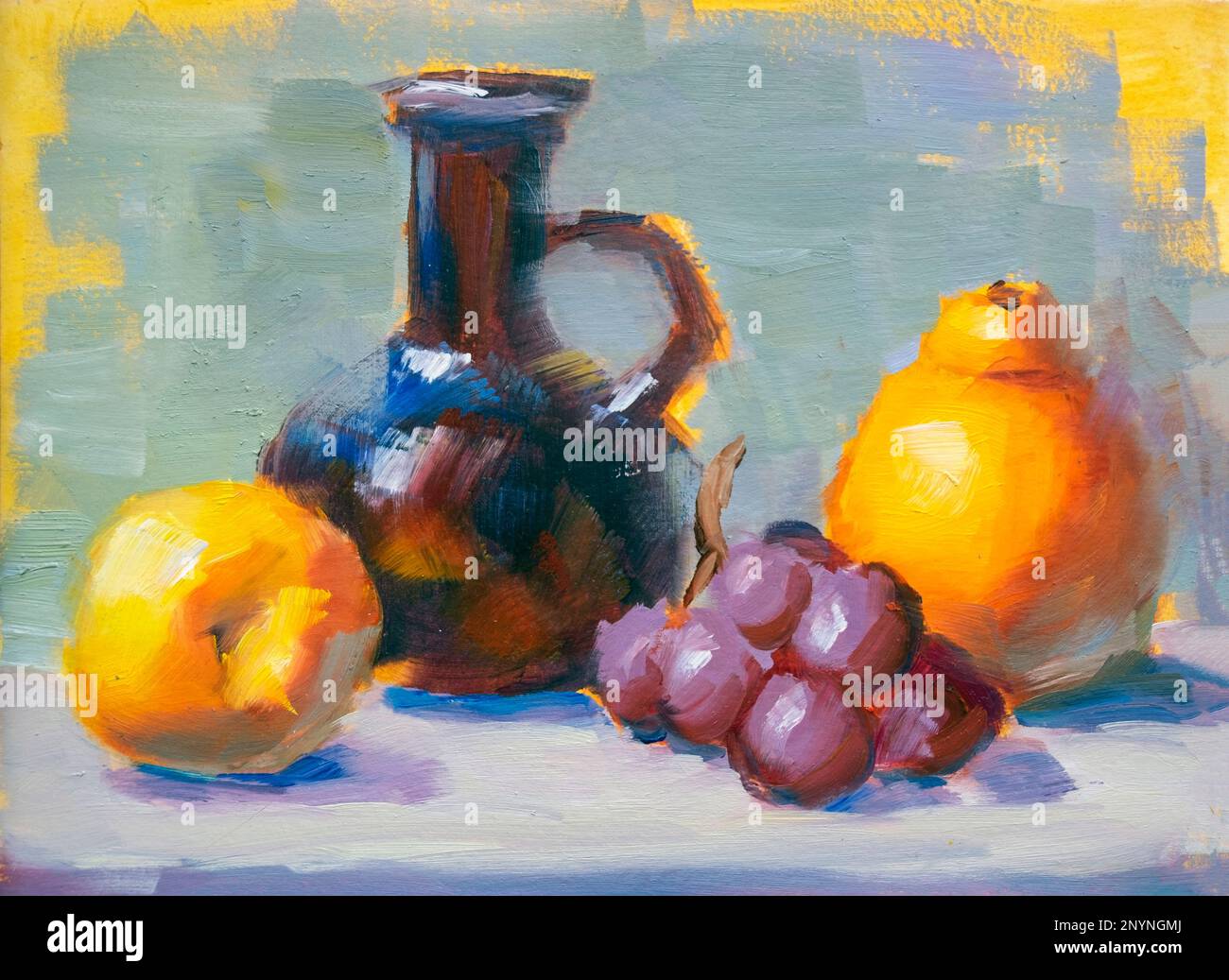 Still life with jug and fruits, a pear, apples. Oil painting ...