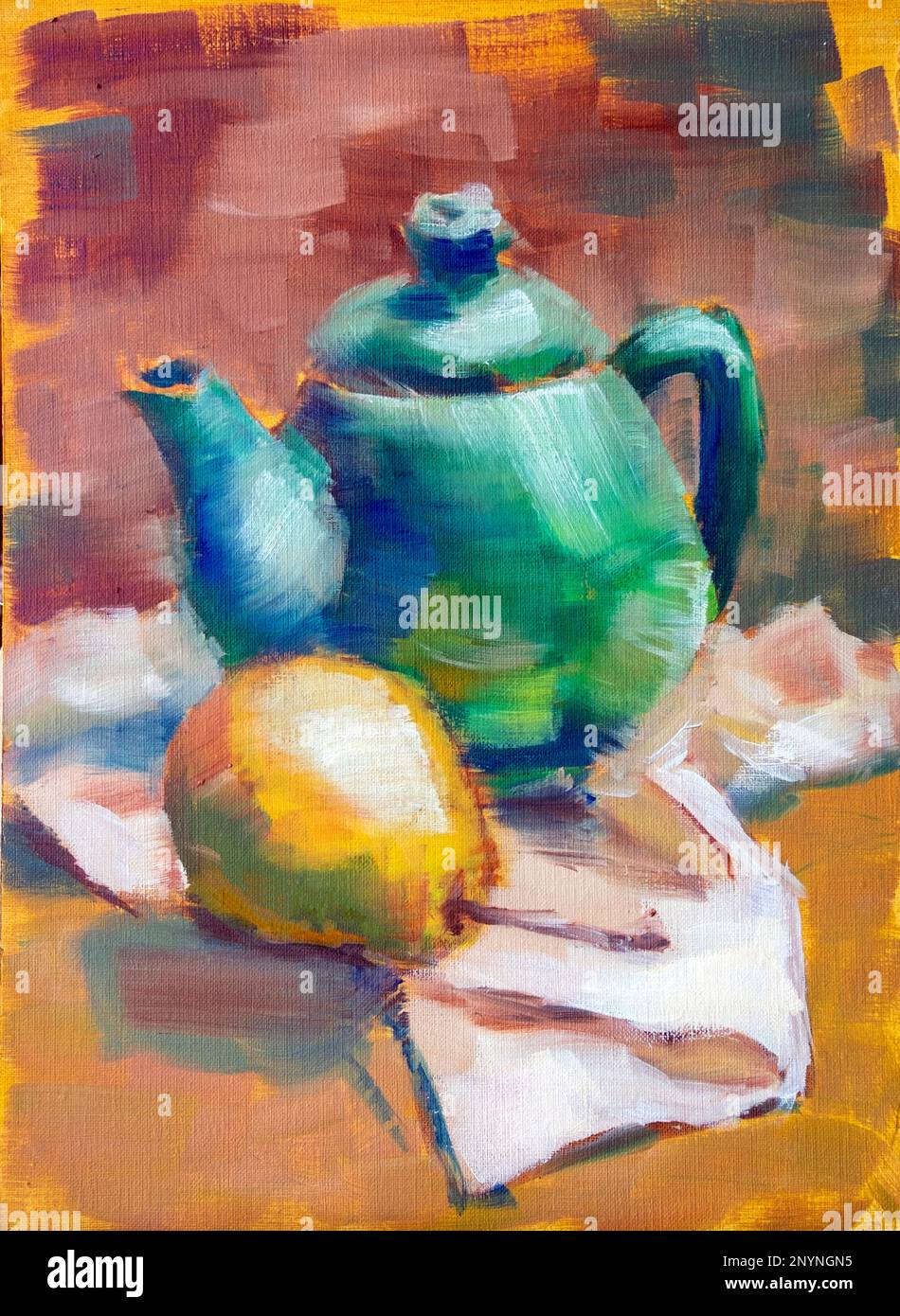 Still life with pot and fruits, a pear, apples. Oil painting ...