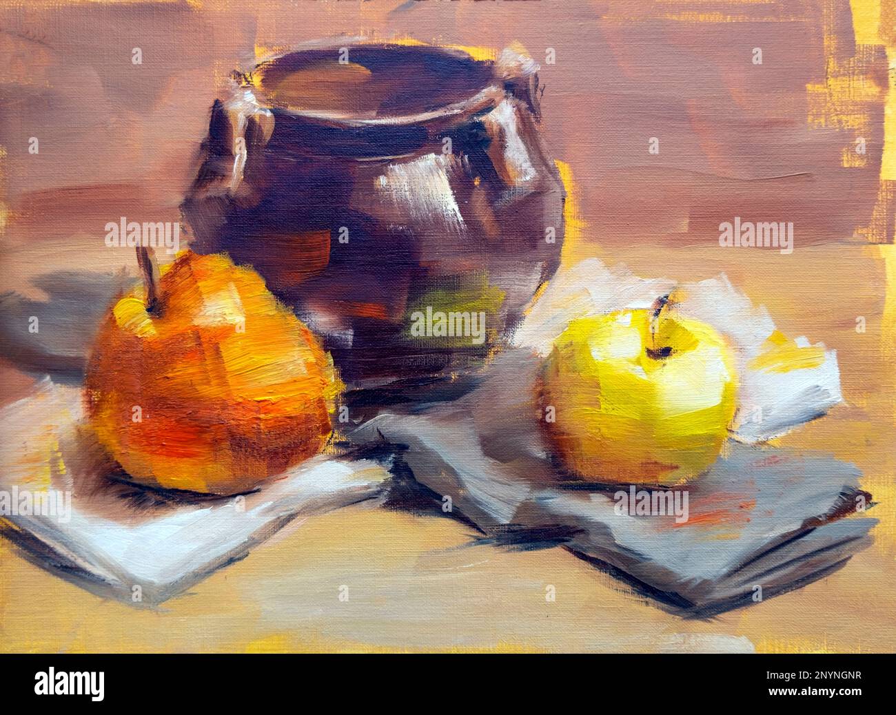 Still life with jug and fruits, a pear, apples. Oil painting ...