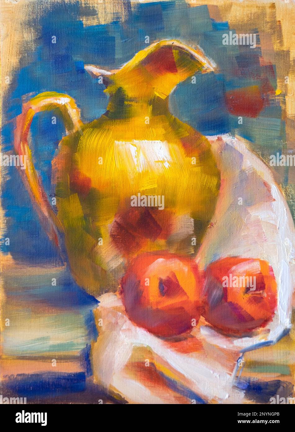Still life with jug and fruits, a pear, apples. Oil painting impressionism style Stock Photo - Alamy