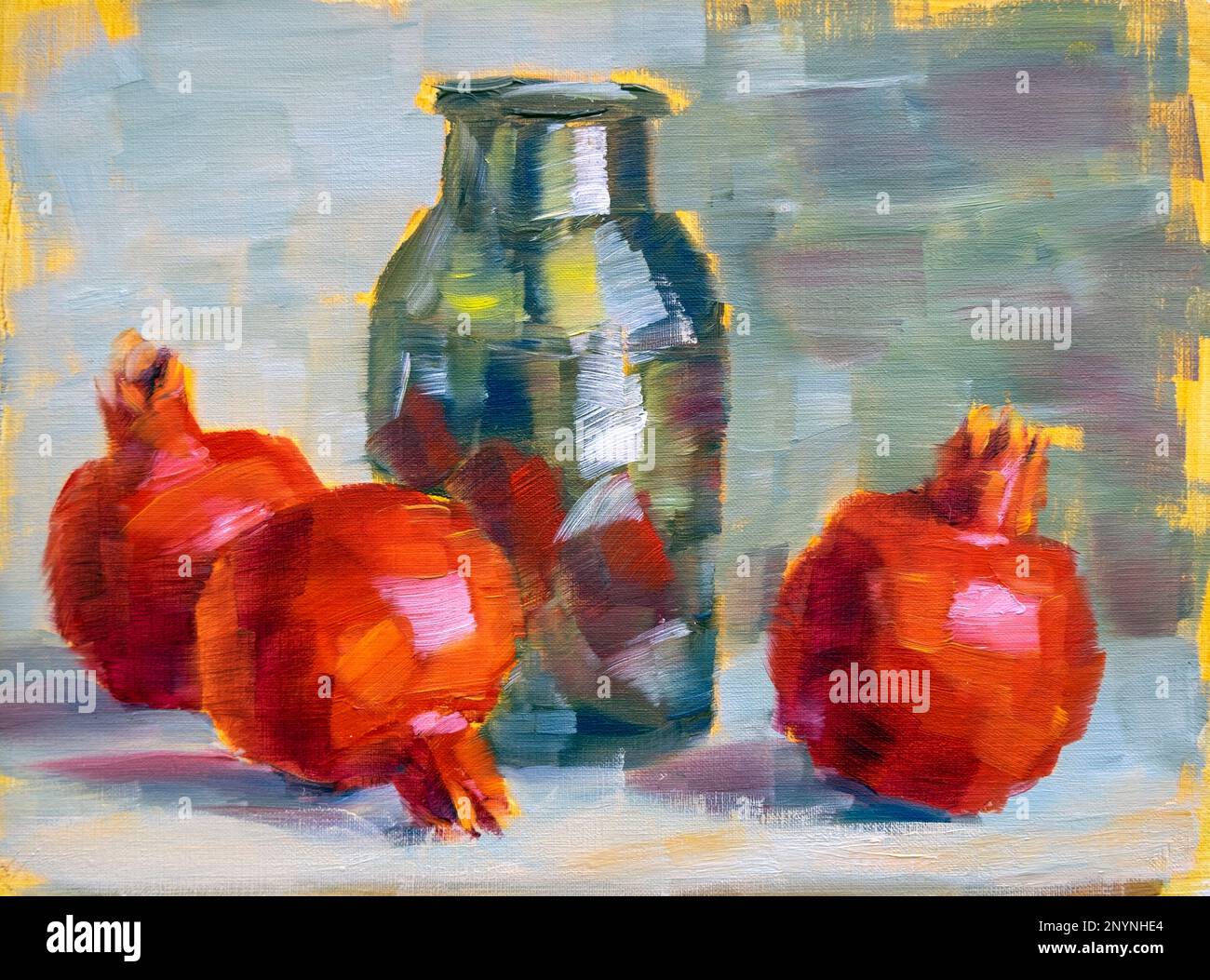 Still life with pot and fruits, a pear, apples. Oil painting ...