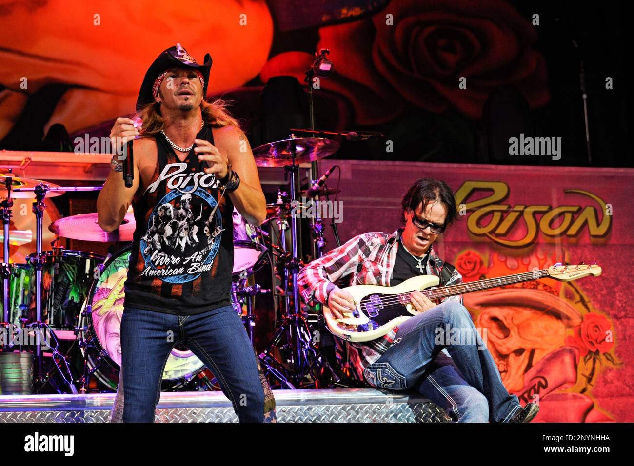 Bret Michaels and Bobby Dall of Poison performs at Riverbend Music ...