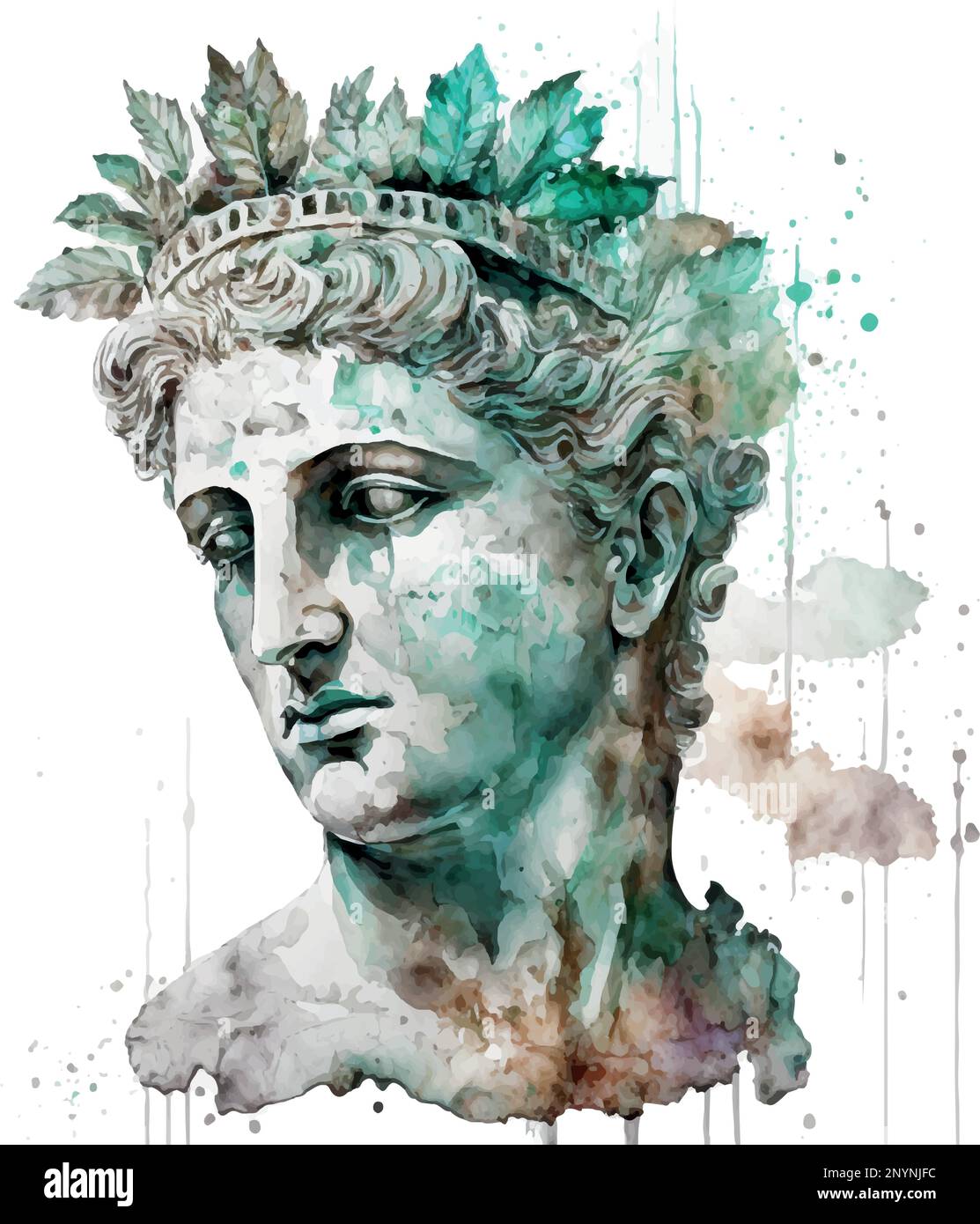 Contemporary art with antique statue head watercolor illustration. Work ...