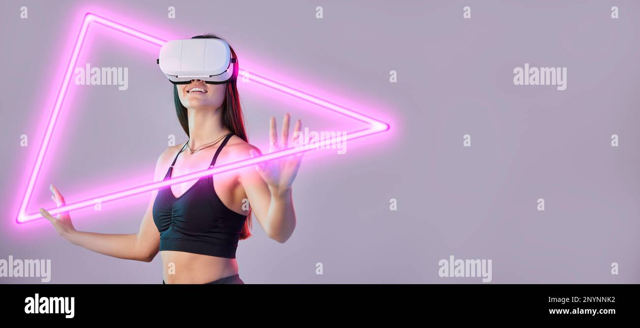 Hologram, vr or happy woman in metaverse on studio background gaming ...