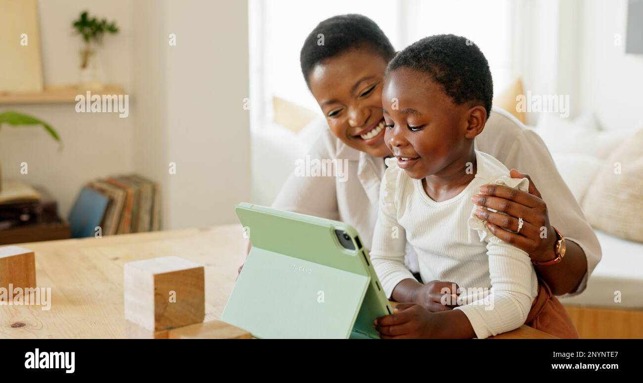 Tablet, black mother and girl on video call, being happy and wave with ...