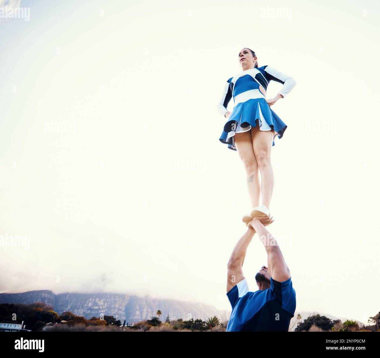 Cheerleading, sport lift and mockup outdoor for on cheer camp with ...