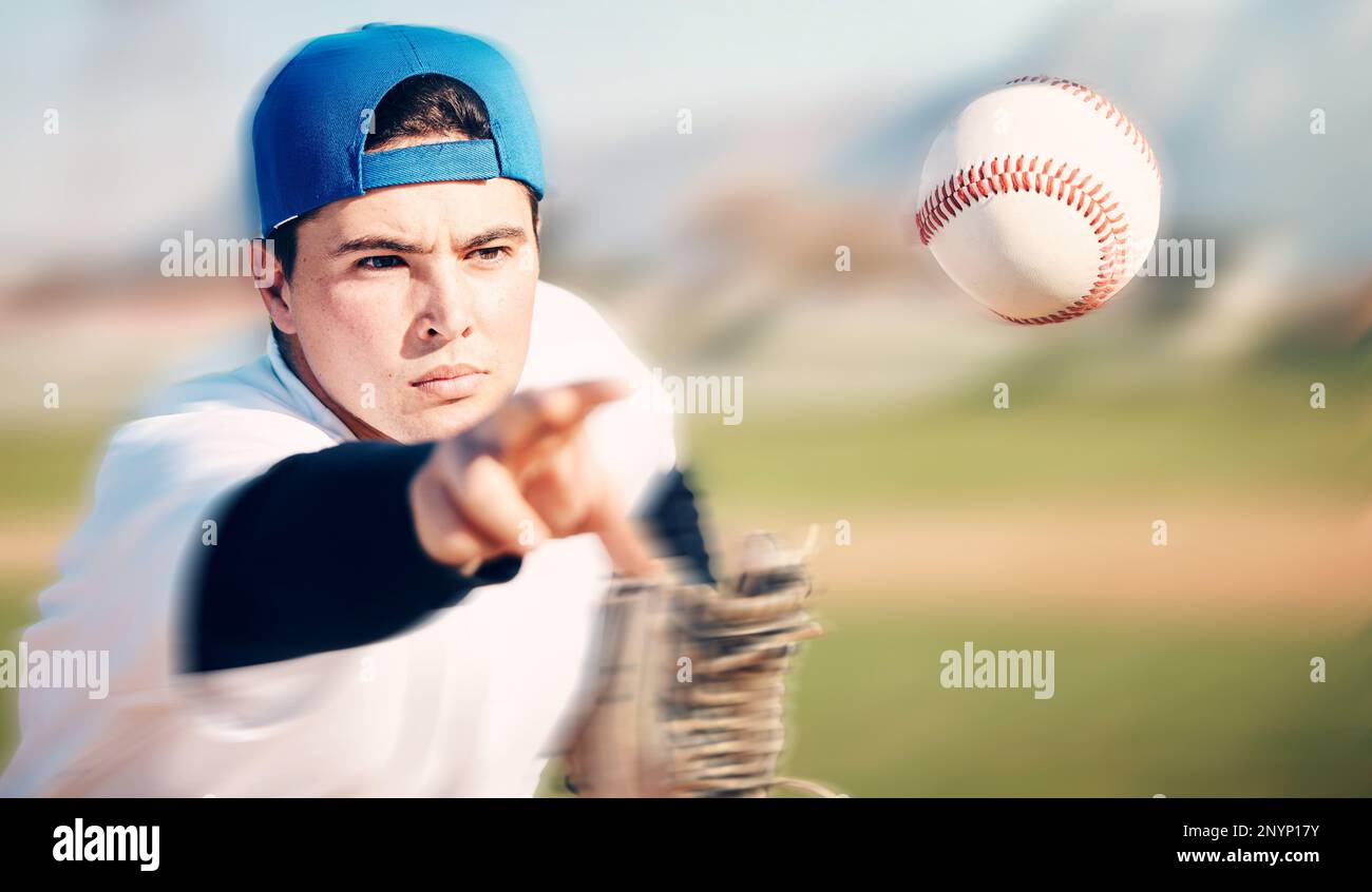 Throwing, sports and fitness with man and baseball on field for ...