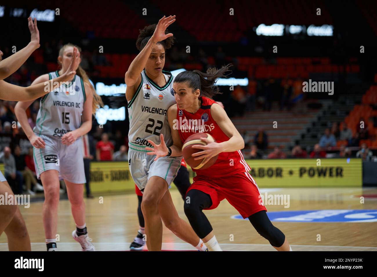 Cierra Burdick of Valencia Basket (L) and Anna Stamolamprou of Olympiacos SFP (R) in action ...