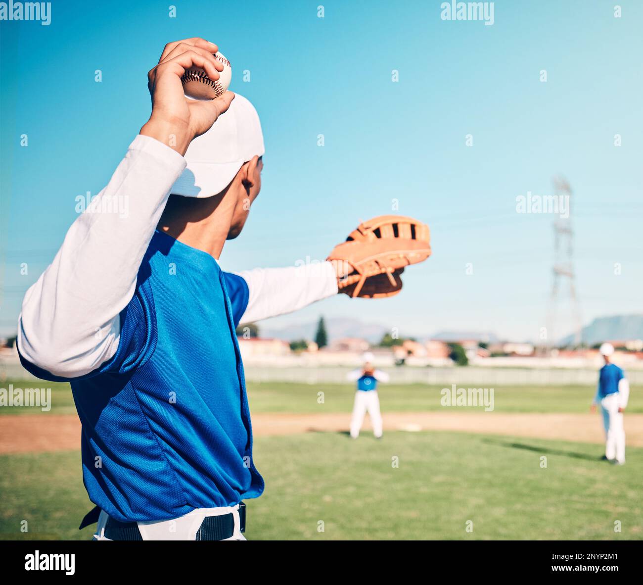 Sports, pitcher and throwing with man on field for fitness, workout or ...