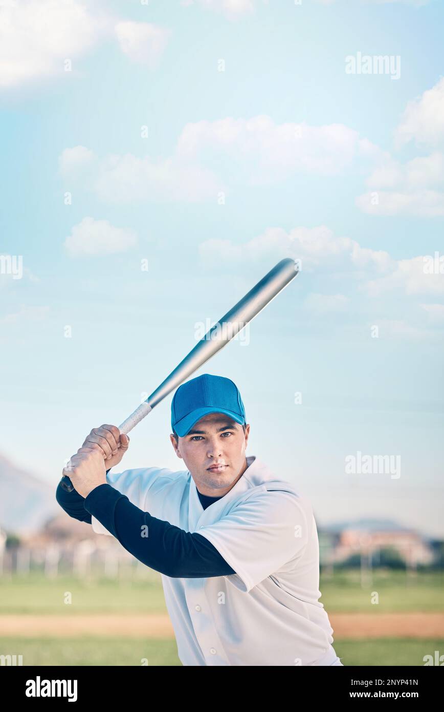 Sports, baseball and portrait of man with bat on field ready to hit ...