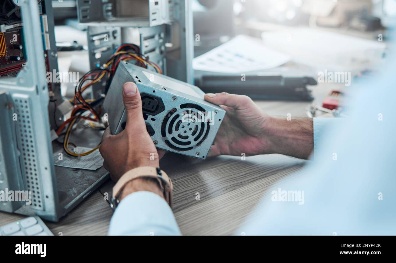 Hardware, repair and computer with hands of man for cpu system ...