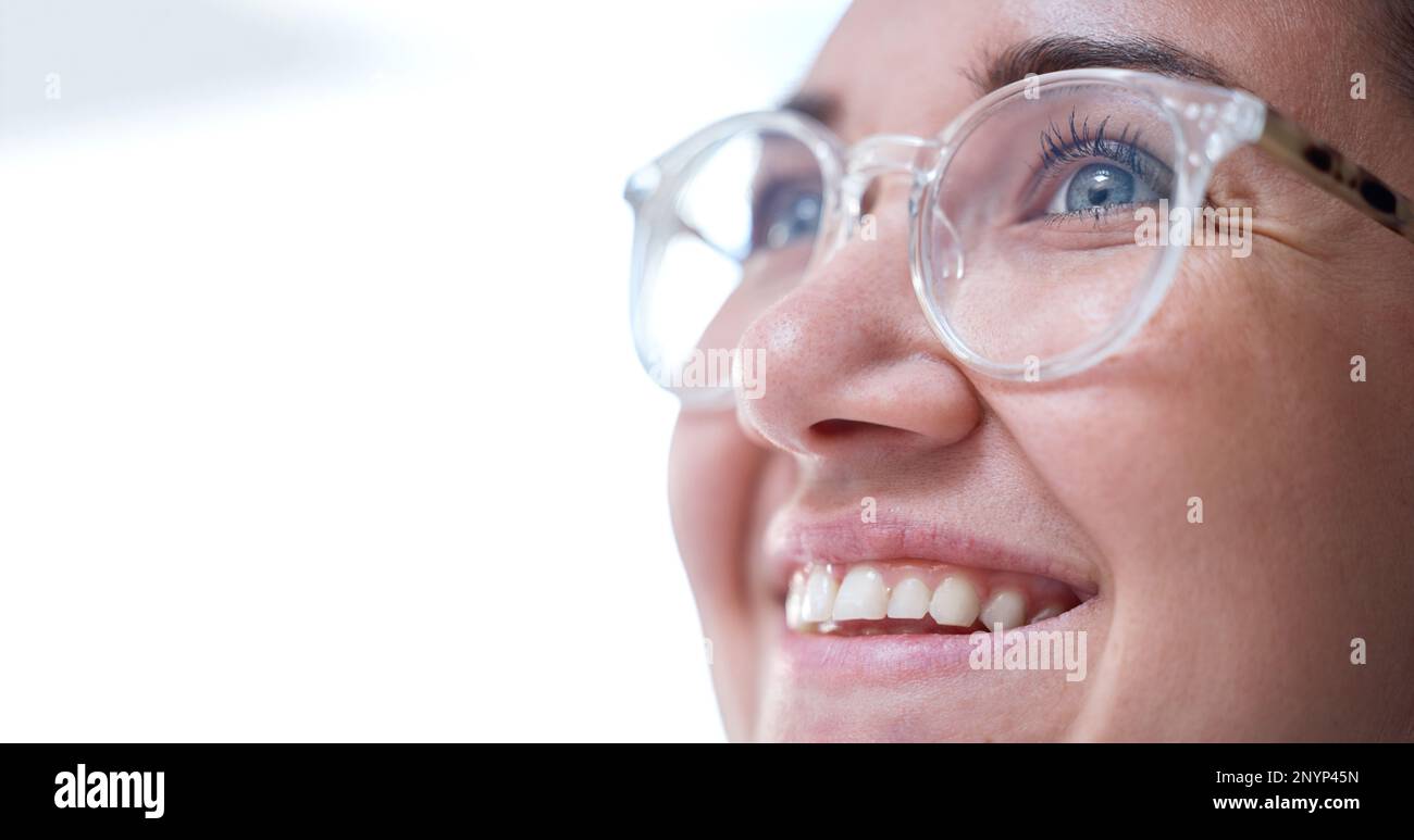 Woman, vision and glasses, face and smile with mockup space, designer ...