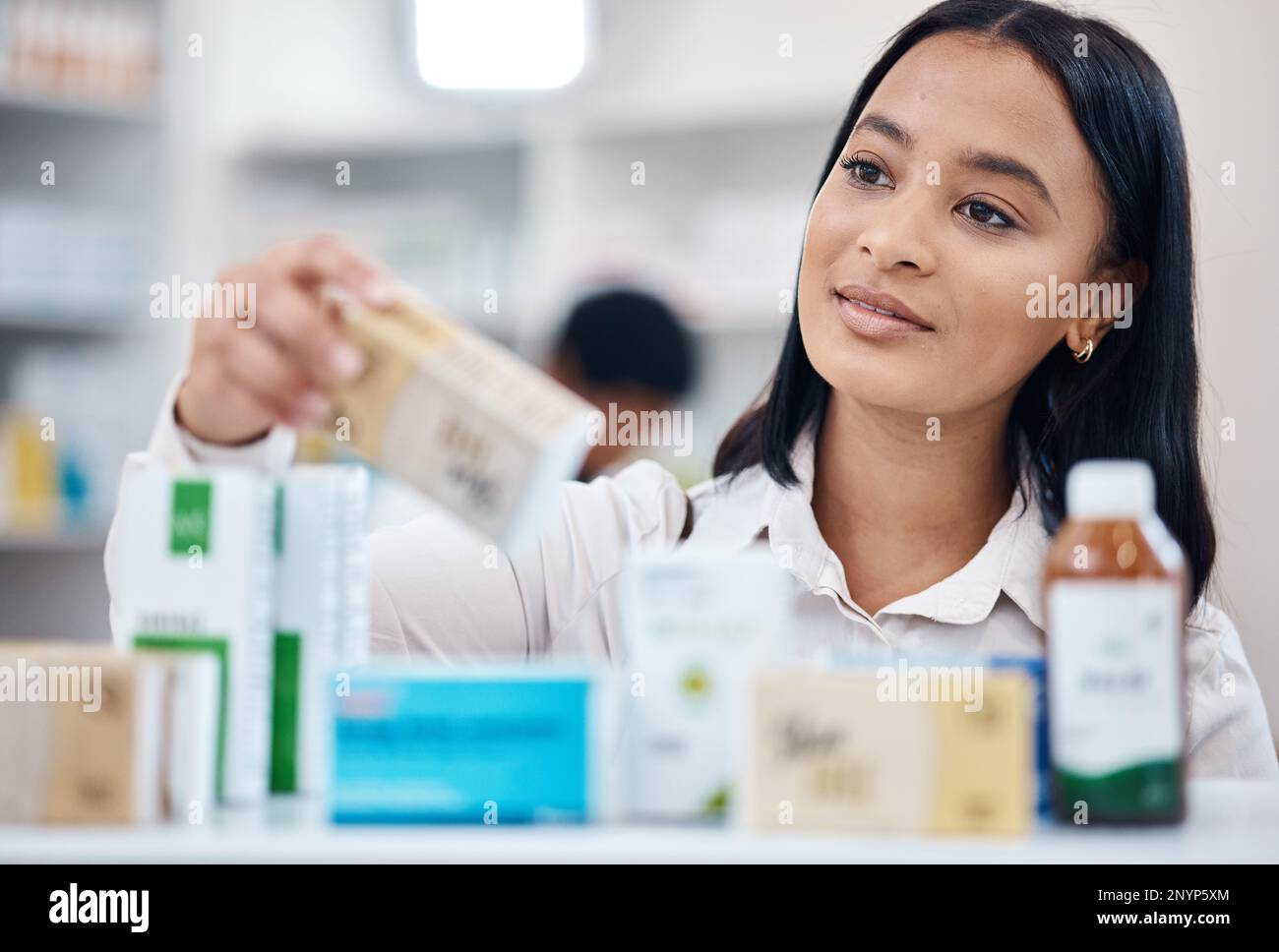 Client, pharmacy and woman with pills, medicine and in store for health ...