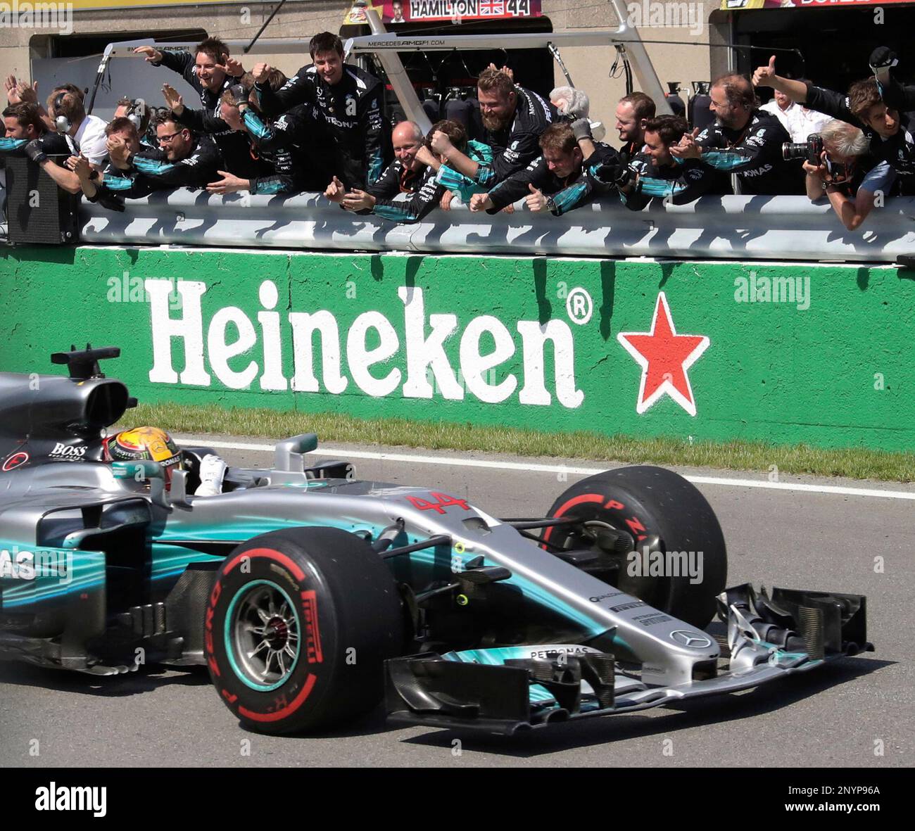 Mercedes driver Lewis Hamilton (44), of Britain, is cheered on by his ...