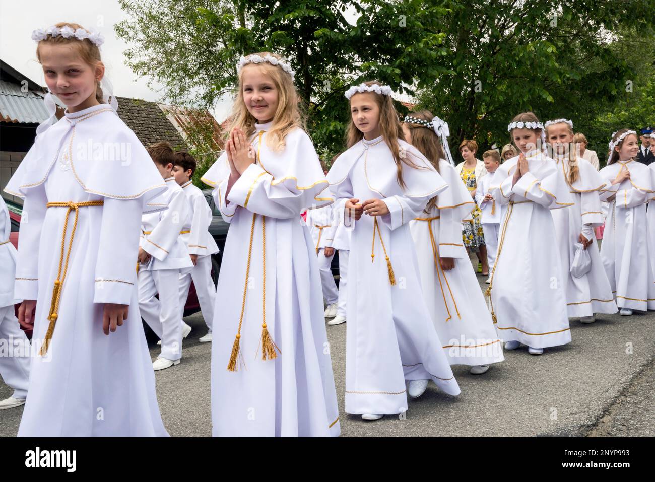 Young girls in First Communion clothes, Corpus Christi procession in ...