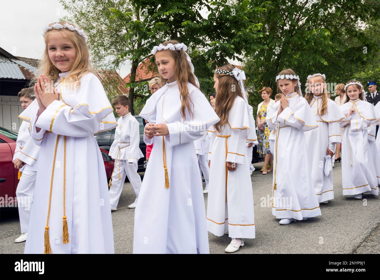 Young girls in First Communion clothes, Corpus Christi procession in Tokarnia, Gorals (Polish ...