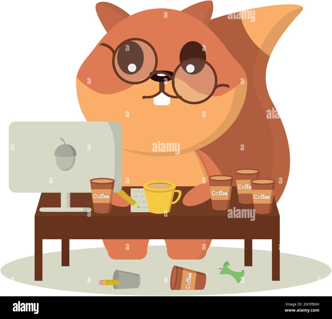 Squirrel in glasses works at a computer. Vector graphics on the theme ...