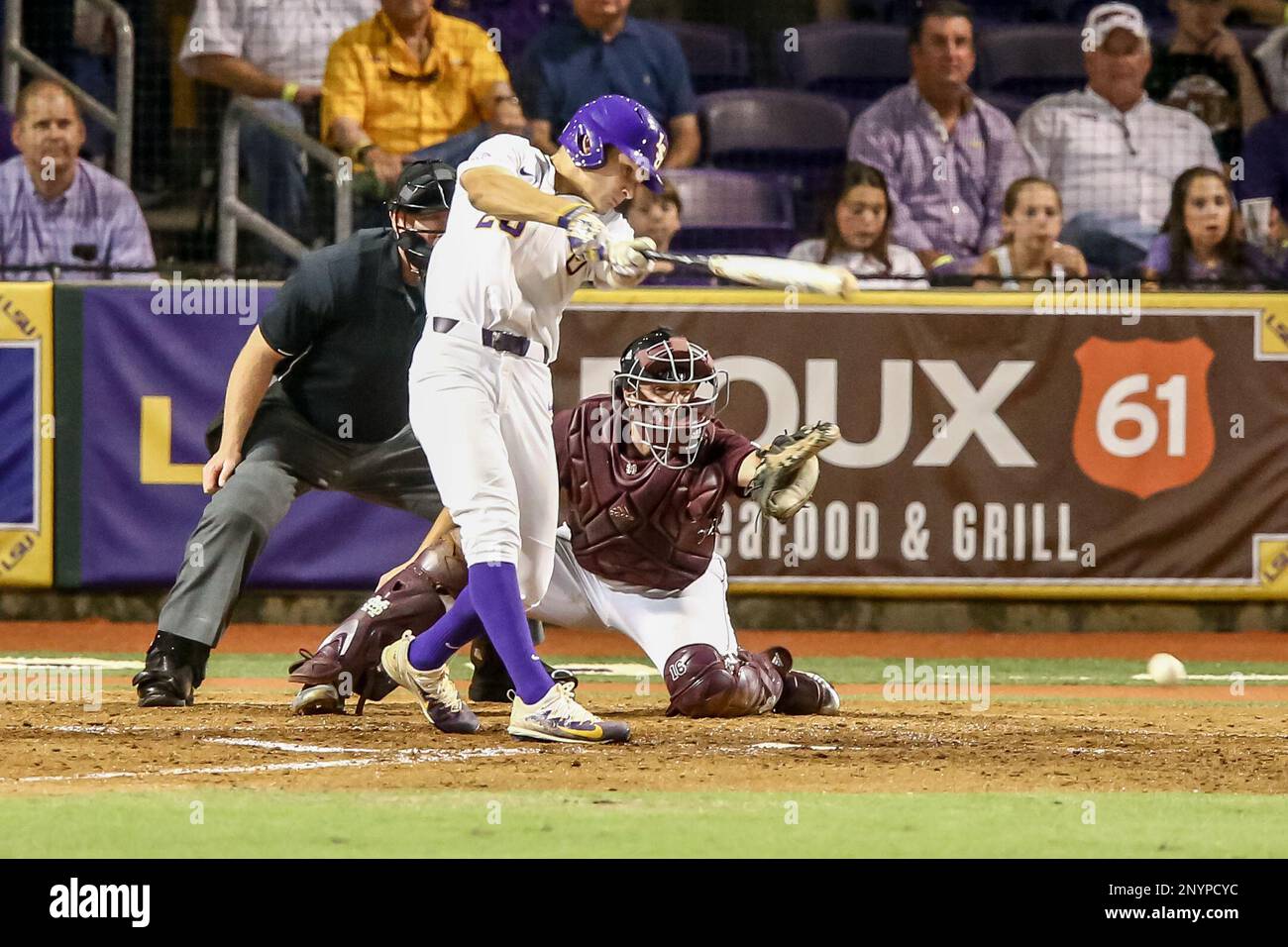 June 10, 2017: LSU outfielder Antoine Duplantis (20) hits a ground ball ...