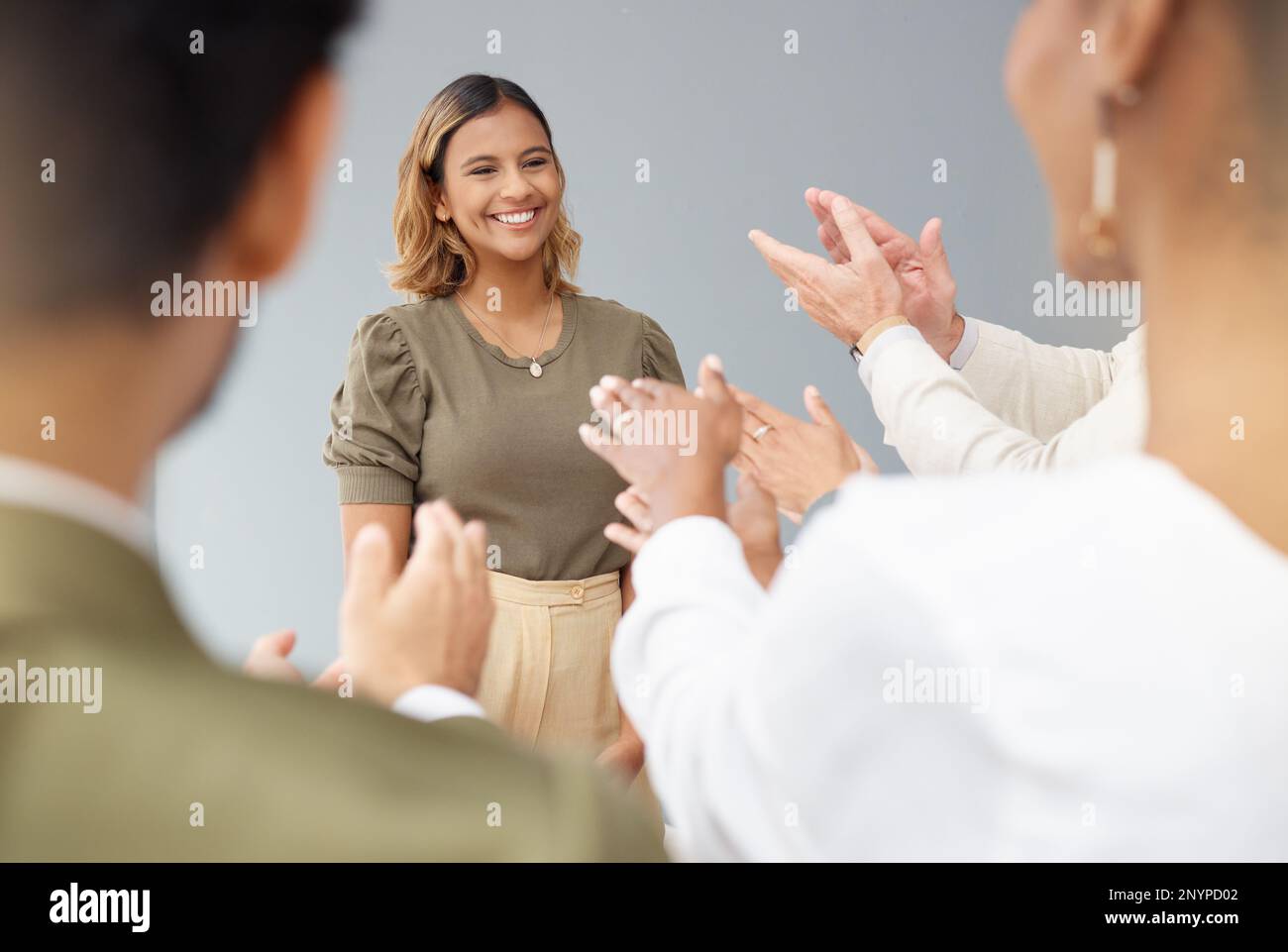 Team applause, business woman and success of leader or winner ...