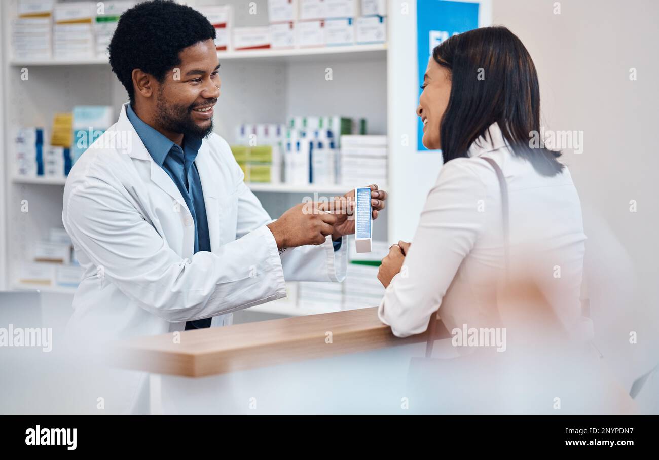 Pharmacy, counter and pharmacist with medicine for customer for ...