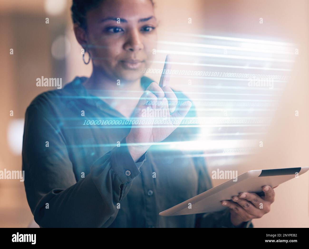 Hologram screen, tablet and black woman with user interface for internet, cyber networking and ...