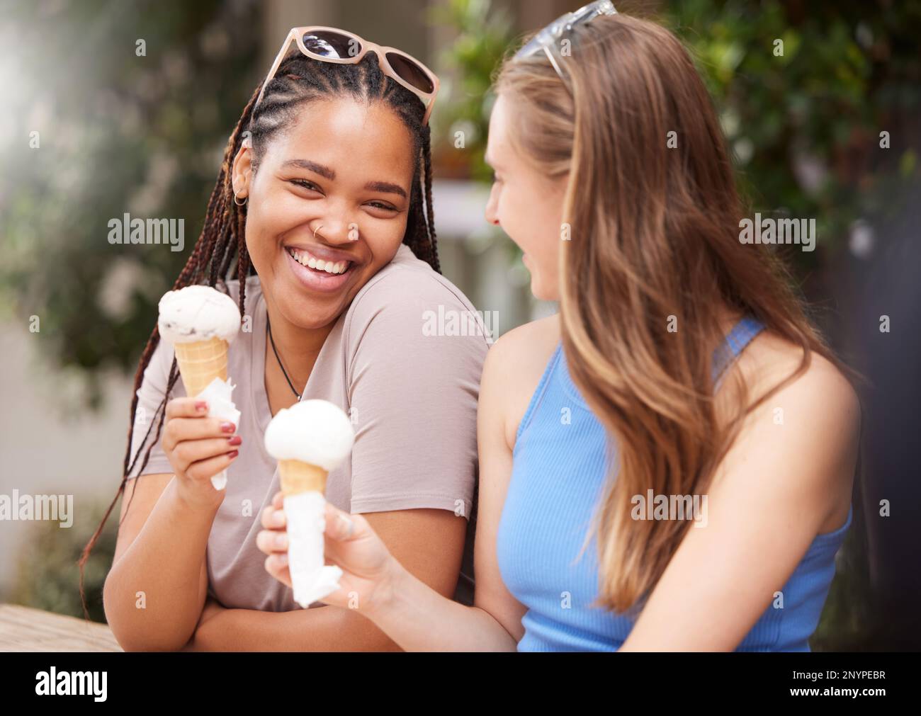 Ice cream, best friends and happiness portrait of bonding with ...