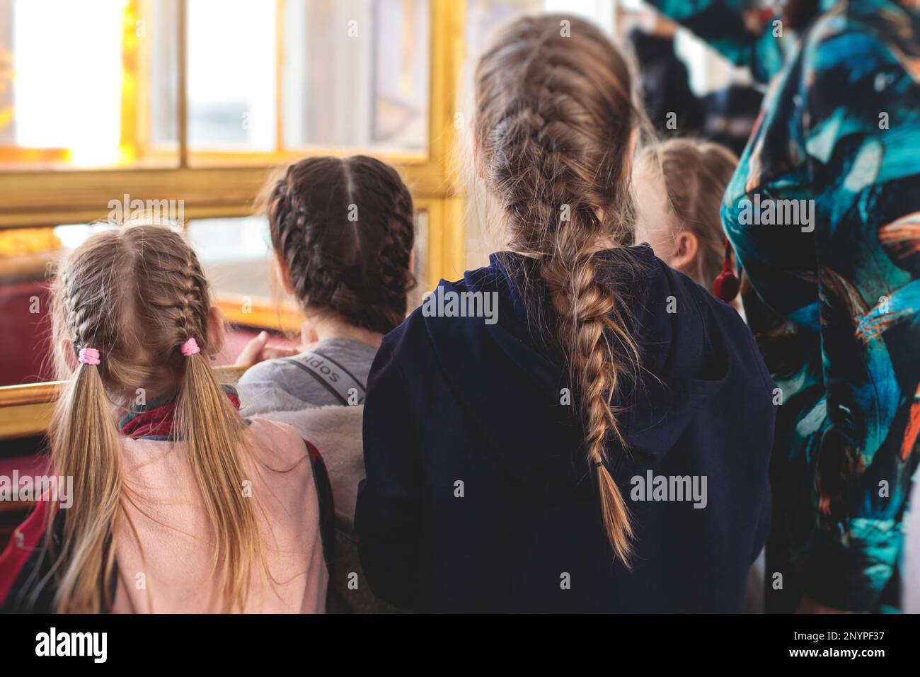 Group of kids children on excursion visit gallery museum with tour ...
