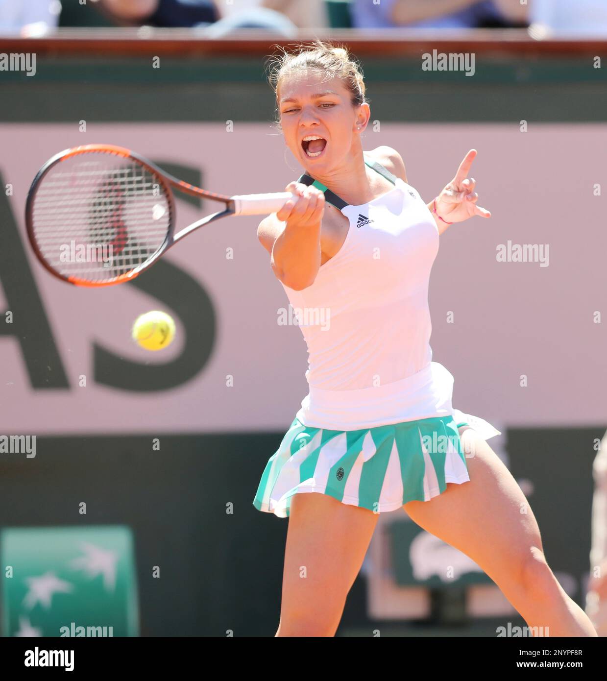 Simona Halep of Romania hits a shot during the woman's single final ...