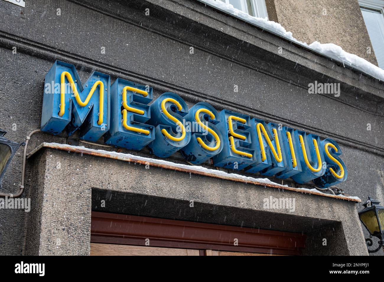Neon lights above Restaurant Messenius entrance in Taka-Töölö district ...
