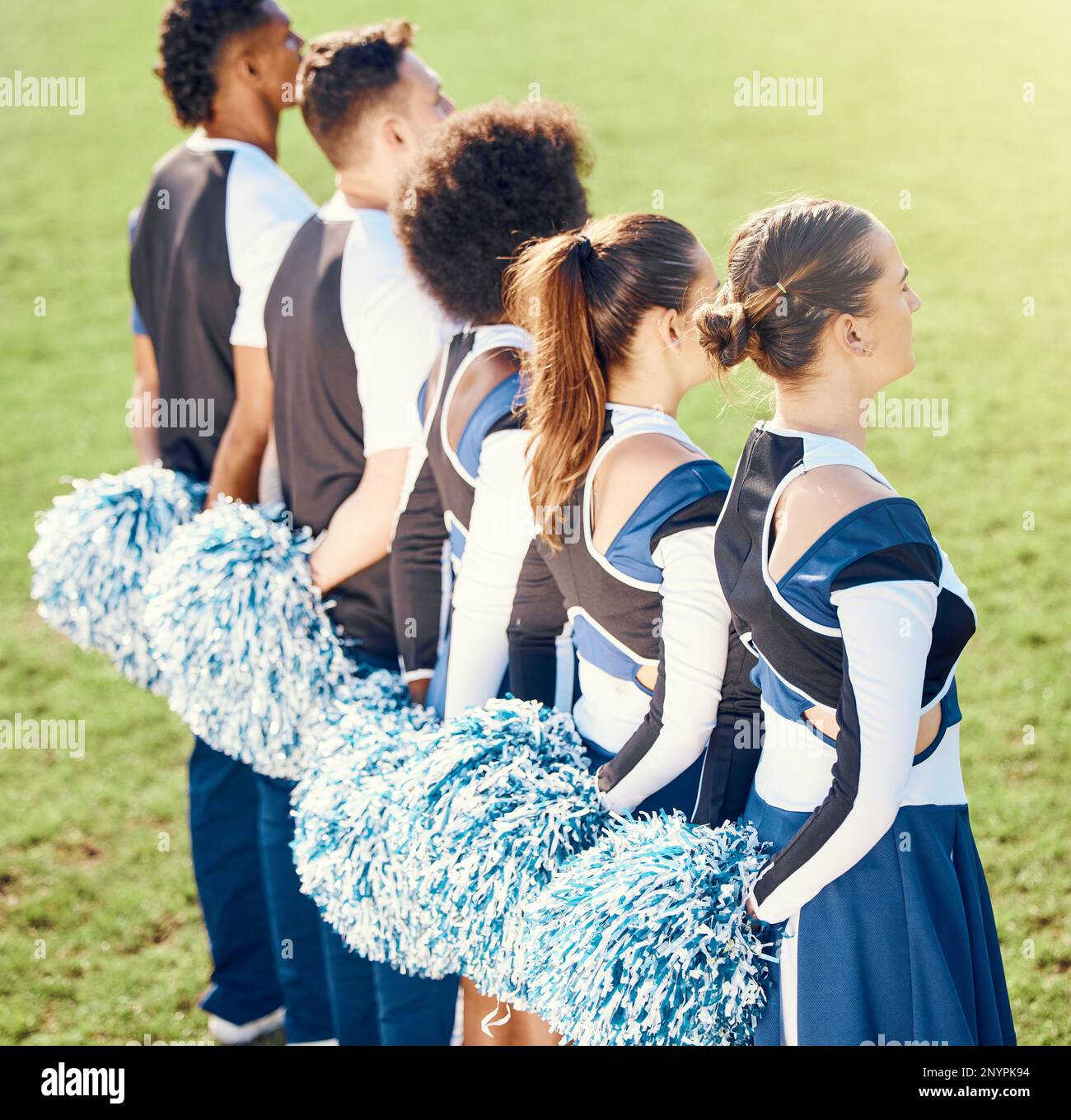Cheerleader exercise, line and students in cheerleading uniform on ...