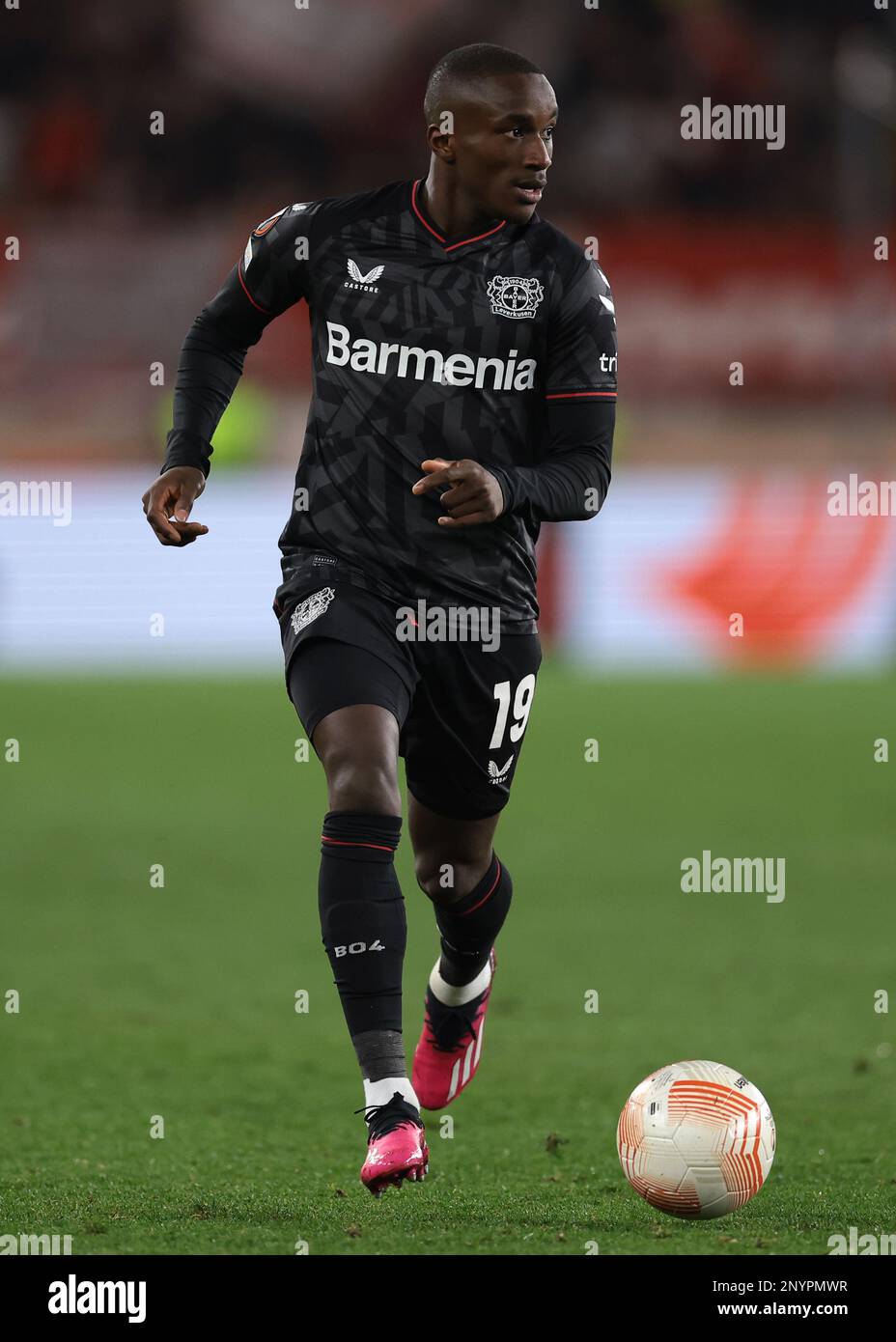 Monaco, Monaco, 23rd February 2023. Moussa Diaby of Bayer Leverkusen ...