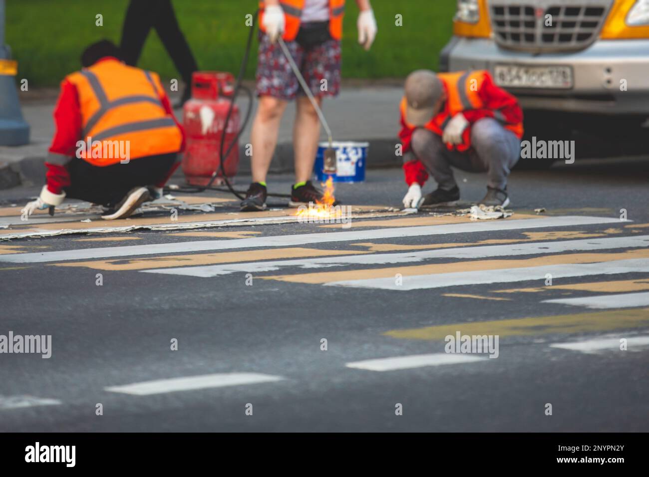 Process of making new road surface markings with a line striping ...