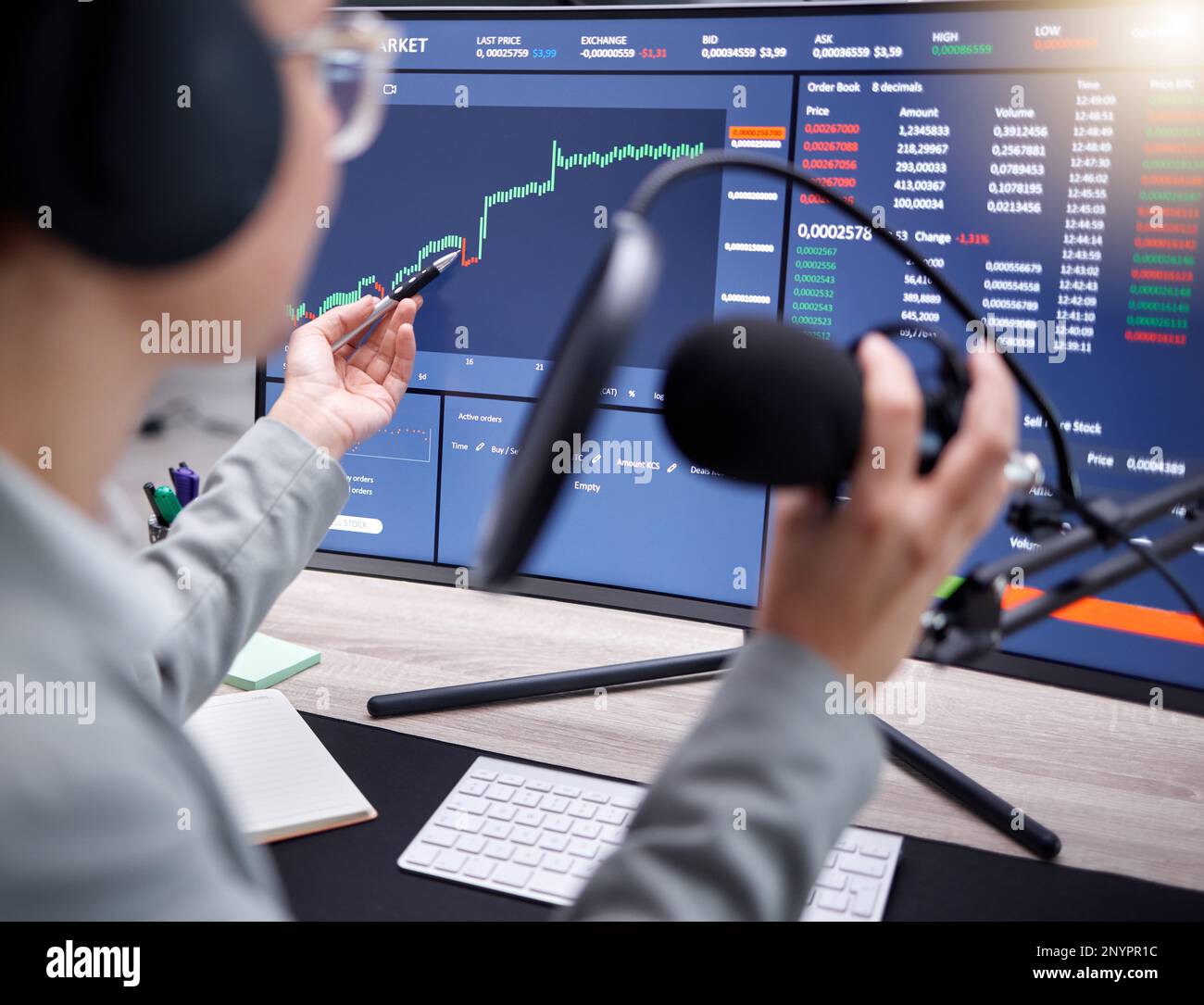 Stock market podcast, microphone and digital graph of investment growth ...