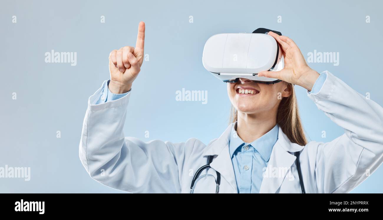 Vr, medical and touch with doctor and headset for augmented reality ...