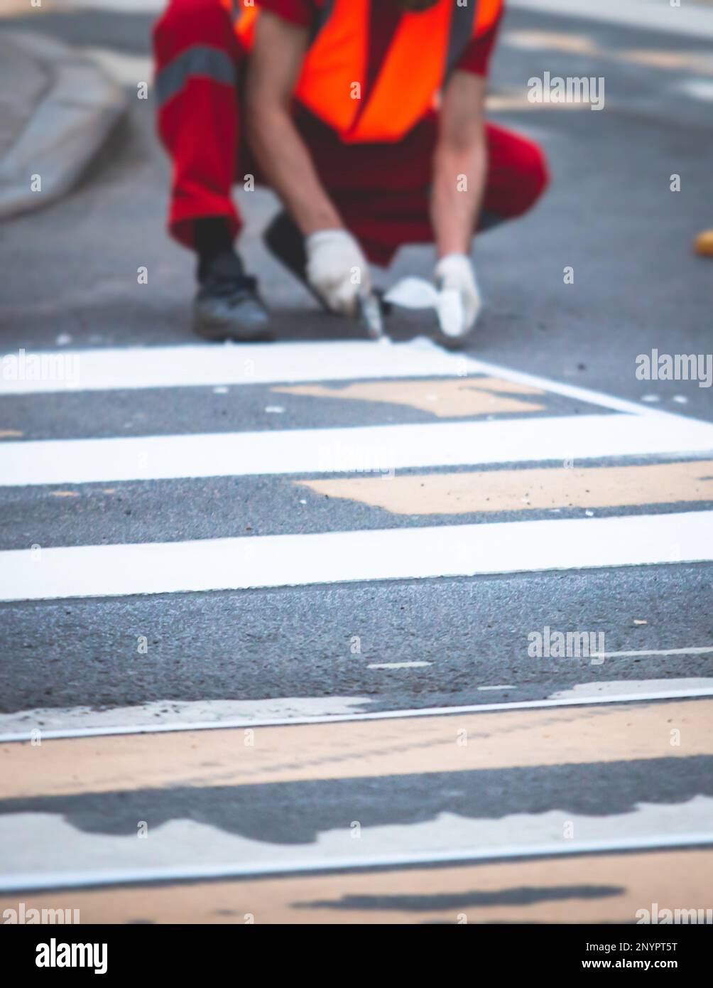 Process of making new road surface markings with a line striping ...
