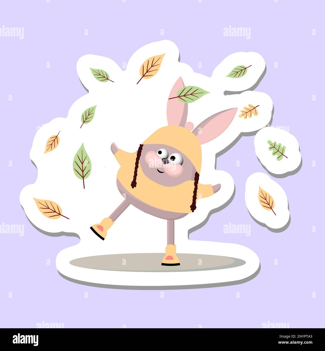 Rabbit with with leaves. Cute bunny sticker. Vector illustration of a ...