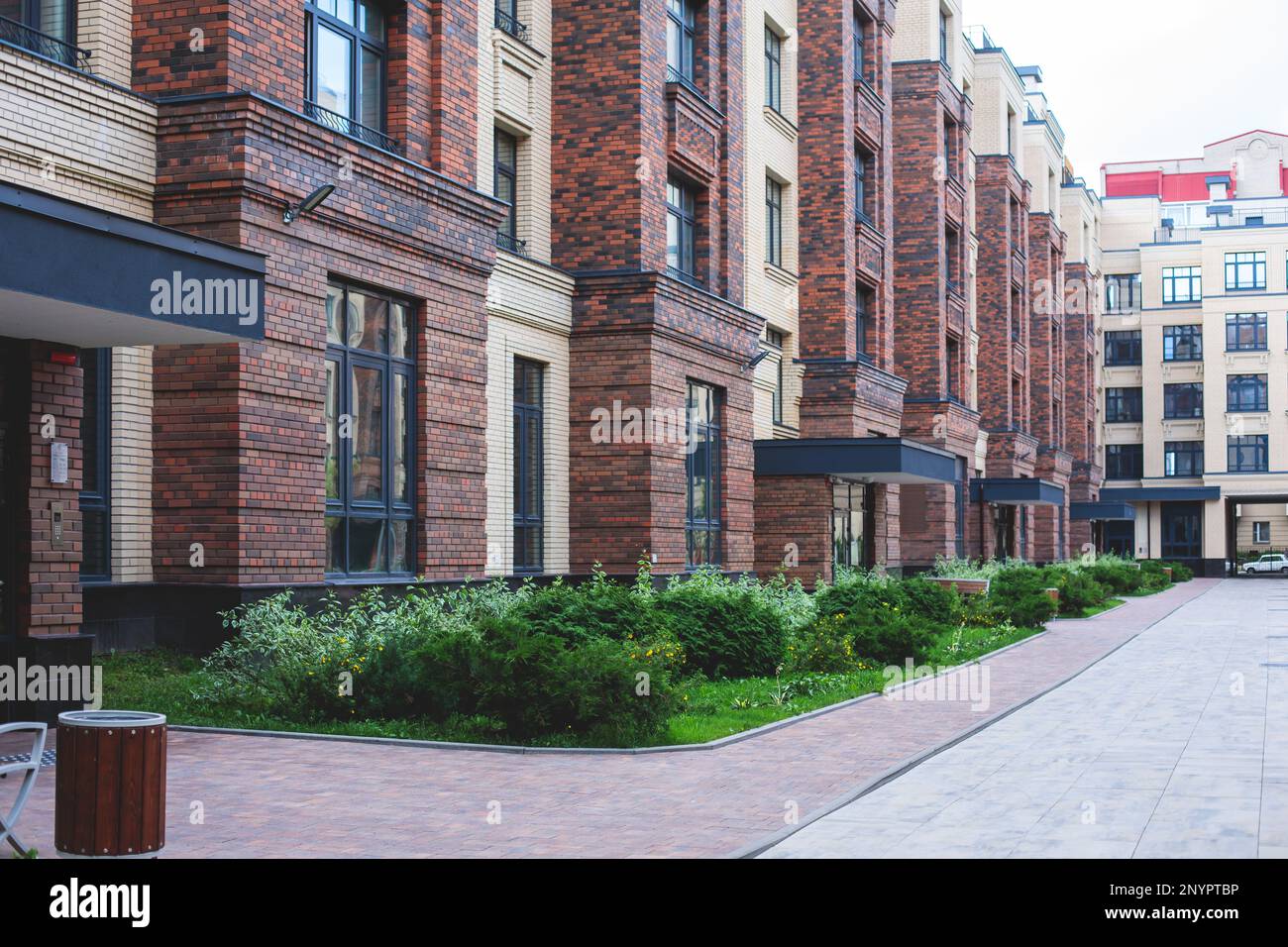 Modern european residential apartment complex yard territory, multi ...